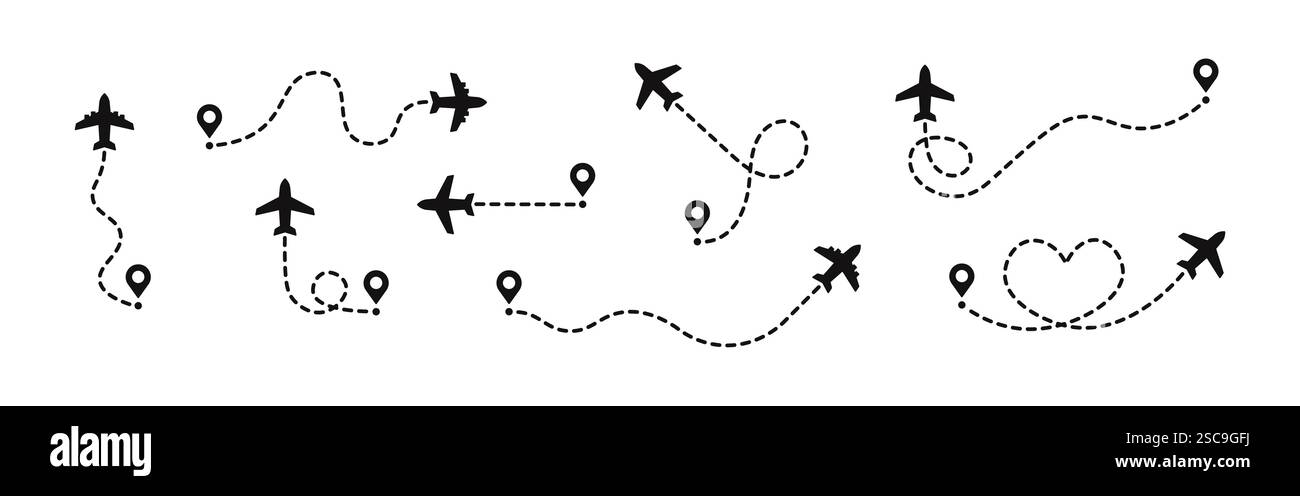 Airplane routes set. Plane tracking, travel, map and location pins ...