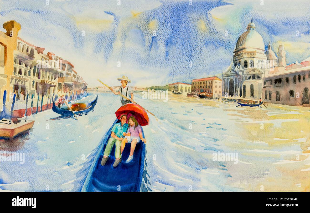 Grand Canal in Venice, Italy. Santa Maria della Salute church. Gondolas ...