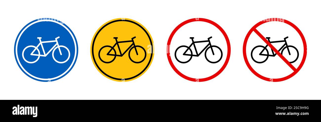Bicycle path road sign icon set, round circle bike area lane caution ...