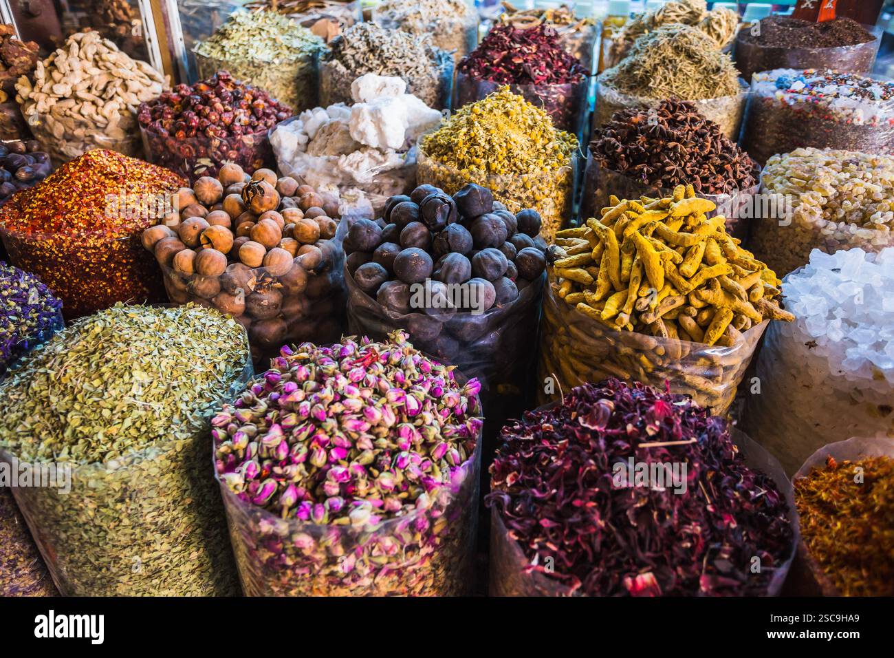 dried herbs flowers spices in the spice souq at Deira. UAE Dubai Stock ...