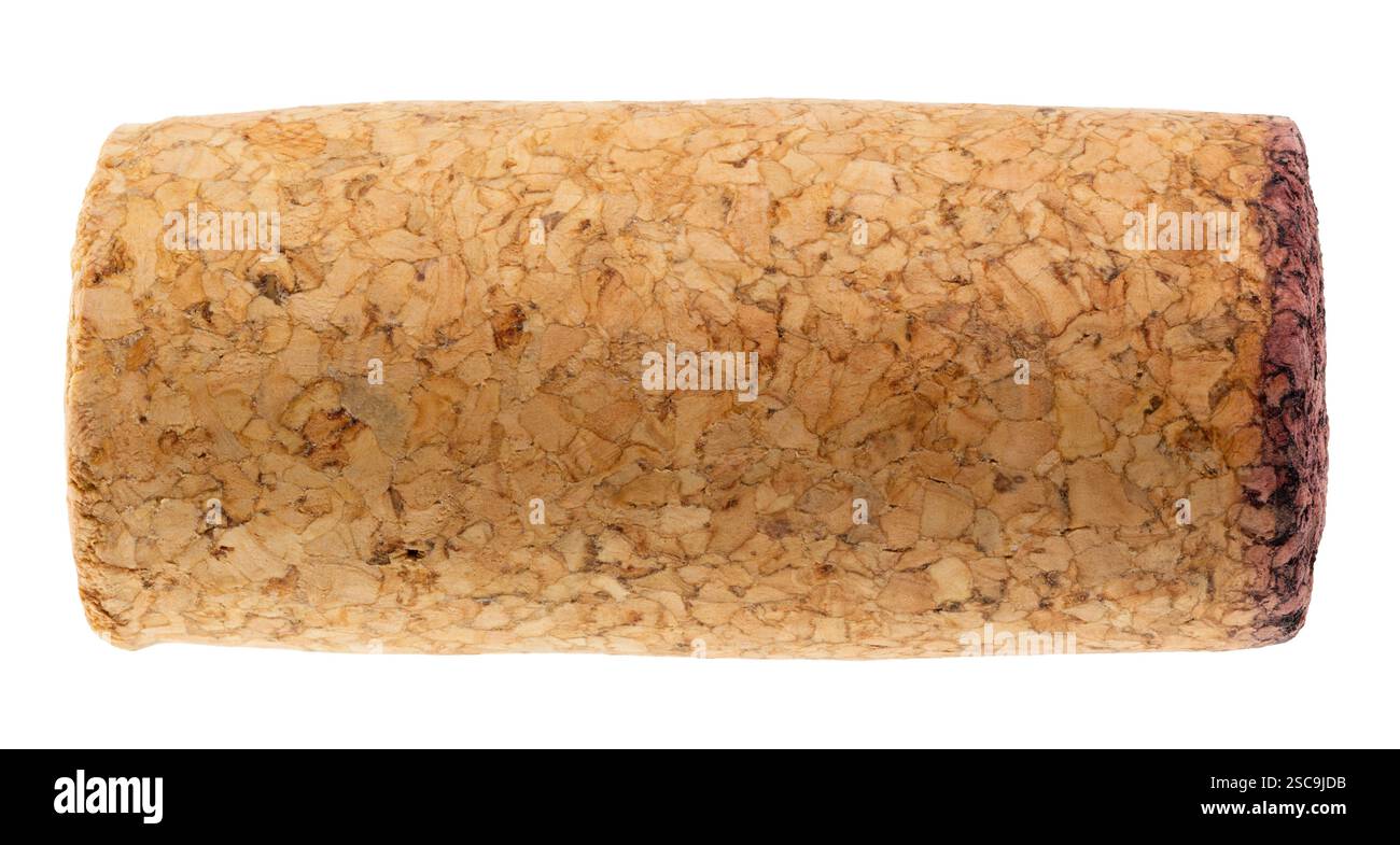 Detailed close-up of a used wine cork with textured surface and a red ...