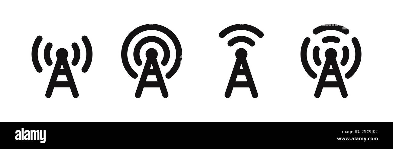Antenna tower icons set. Wireless radio signal, communication towers, radio tower, transmitter ...