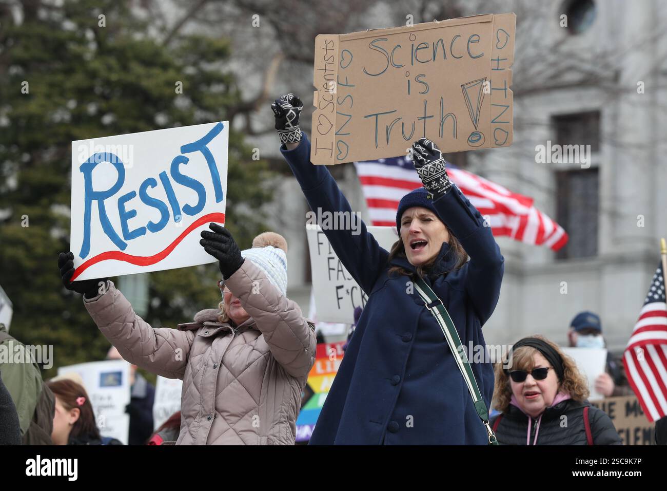 Harrisburg, United States. 05th Feb, 2025. Protesters hold placards ...