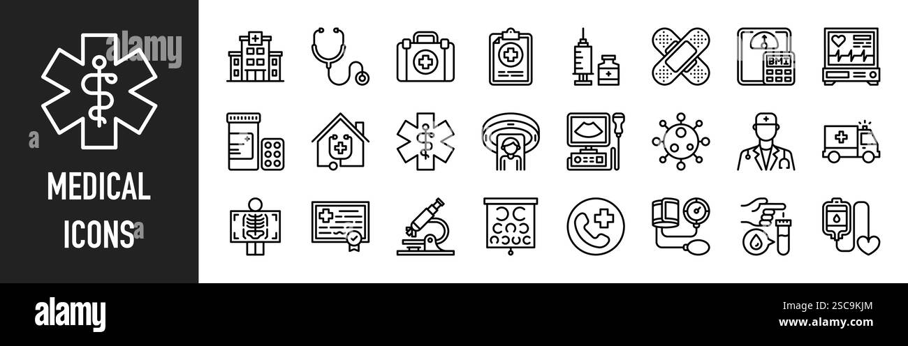Medical web icons in line style. Healthcare, medicine, lab, MRI ...
