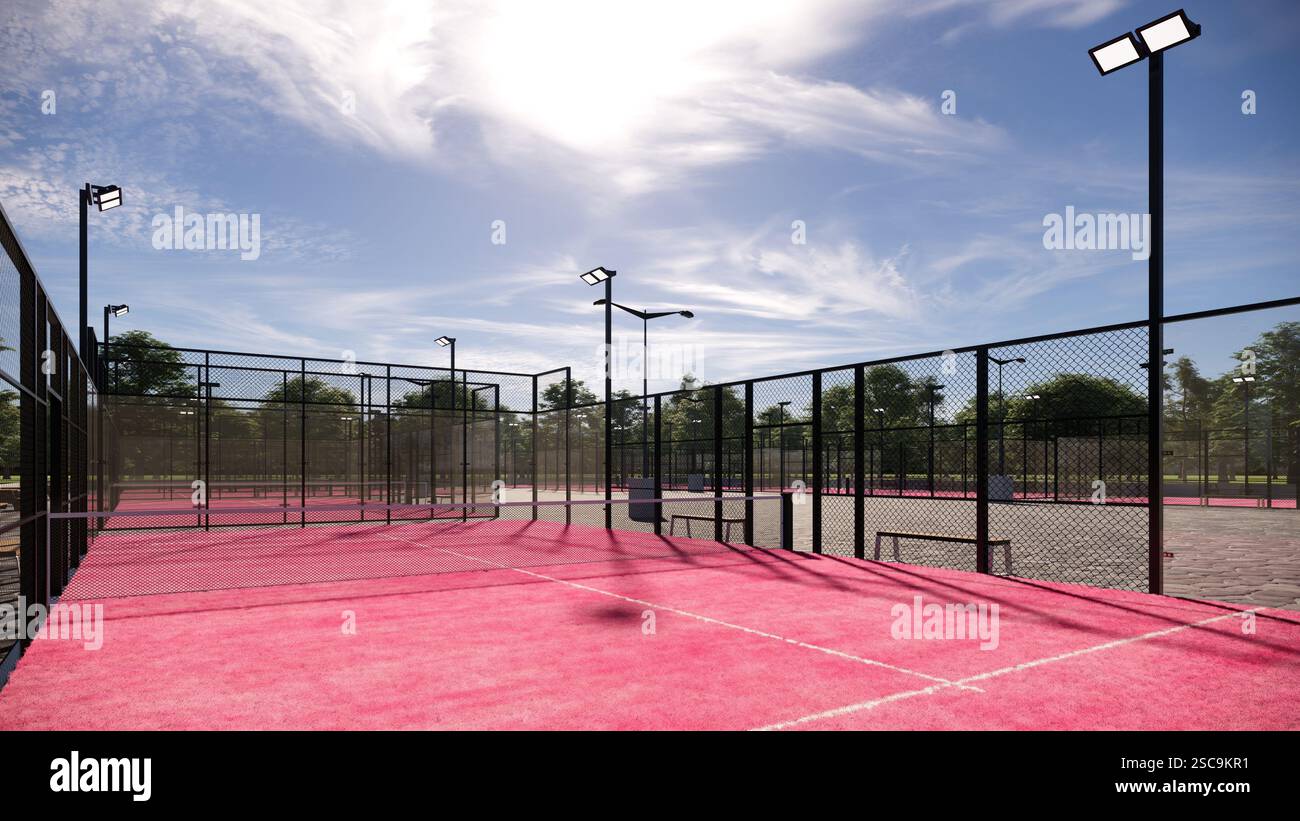 Corner view of padel court outdoor with a pink surface, equipped with ...