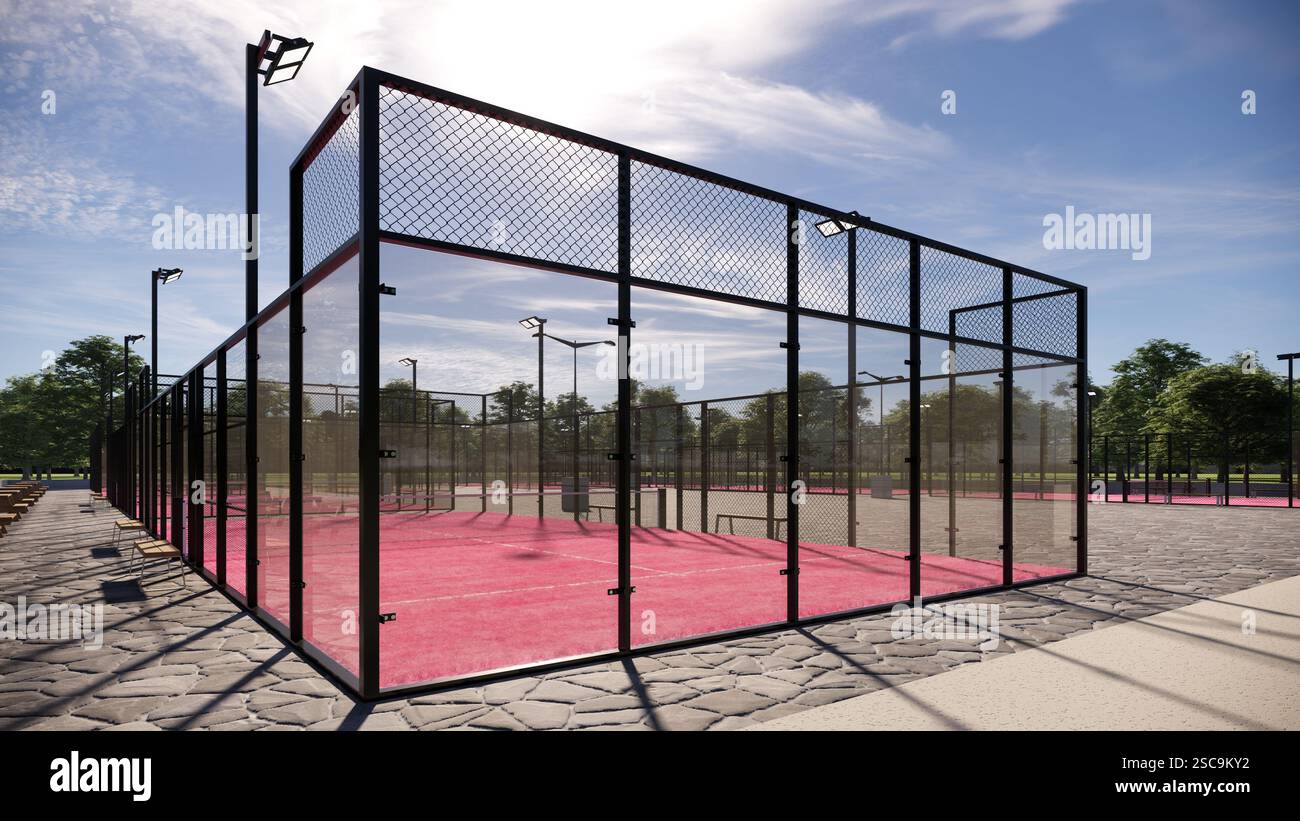 Corner view of padel court outdoor with a pink surface, equipped with ...