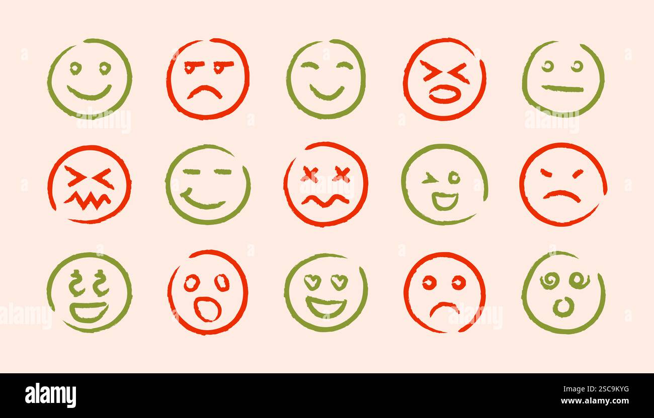 Doodle emoji faces. Funny emoticon characters with different emotions ...