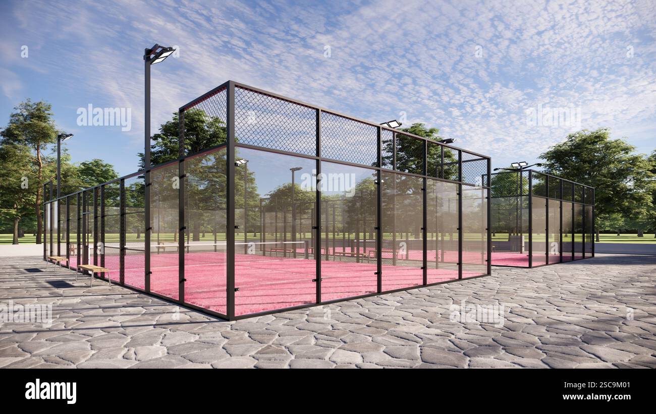 Corner view of padel court outdoor with a pink surface, equipped with ...