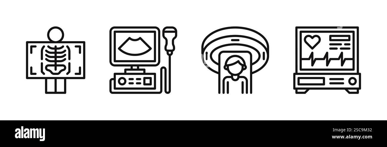 Medical check up icons set. Patient diagnosis, ultrasound, x ray, MRI ...