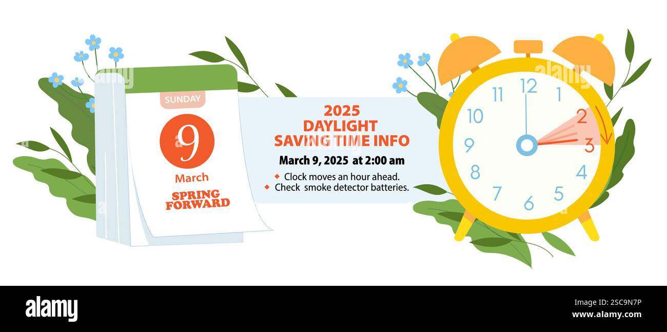 Spring Daylight Saving Time Begins info banner. Turning forward an hour ...