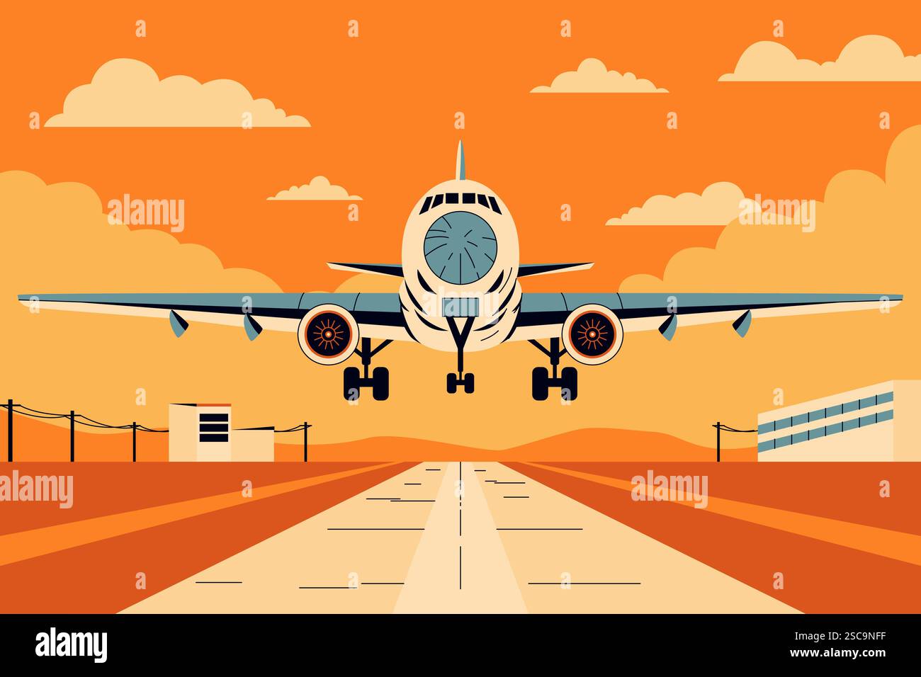 Cartoon airplane over runway. Passenger commercial plane take off from airport, flight aircraft ...