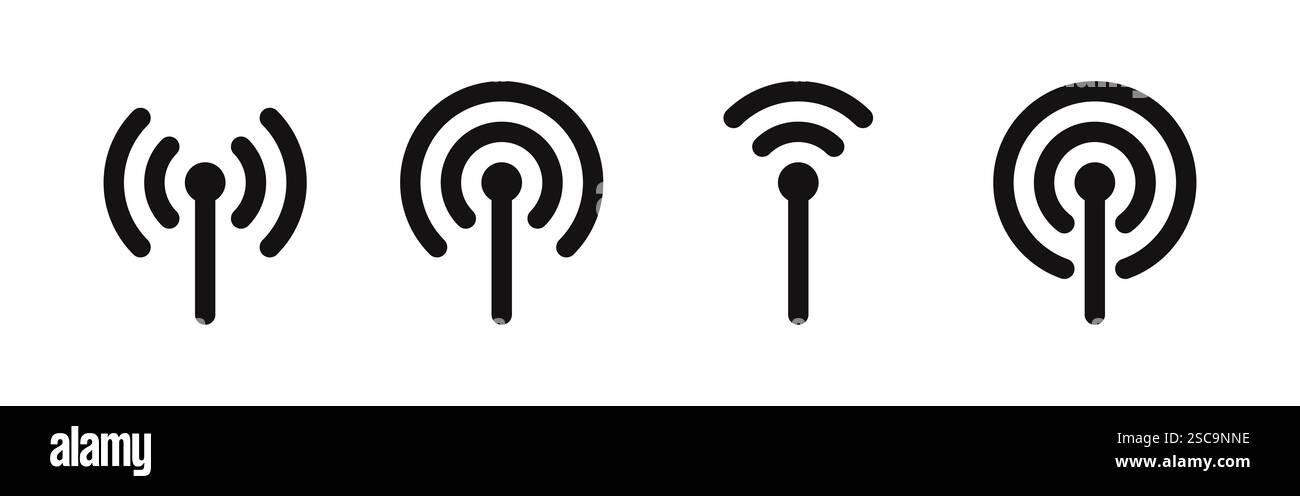 Antenna tower icons set. Wireless radio signal, communication towers ...