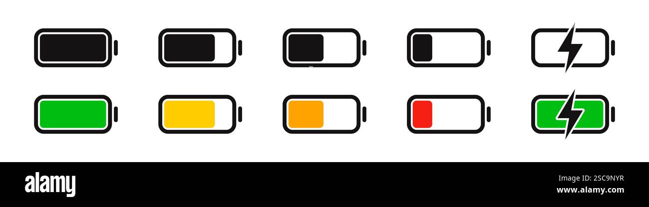 Battery icons set. Battery charging indicator, level battery energy ...
