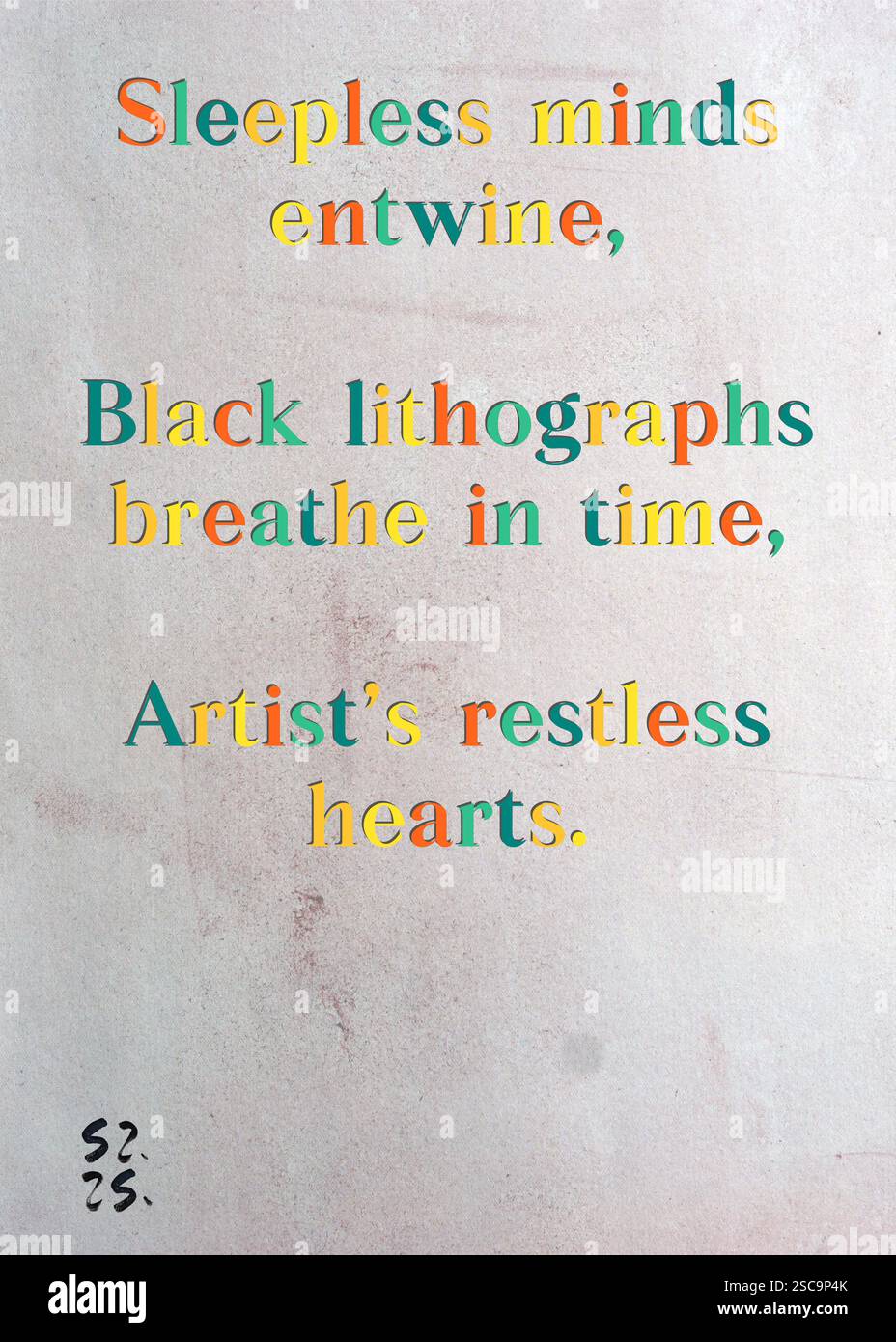Sleepless minds entwine, Black lithographs breathe in time, Artist's ...