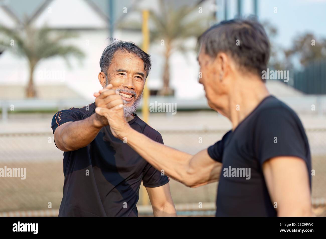 Happy senior Asian men sharing a handshake on a sports field ...