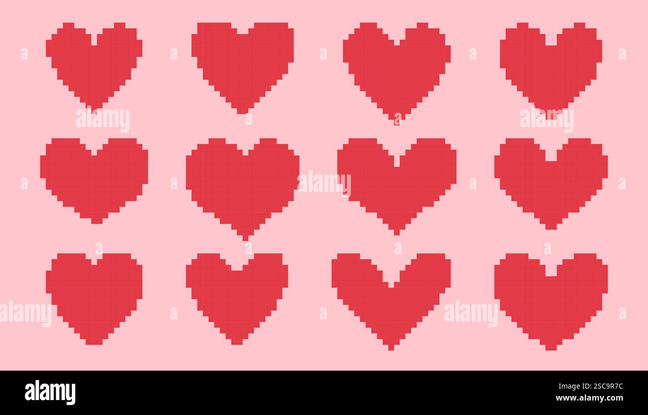 Pixel heart set different shapes. Red 8 bit hearts on pink background ...