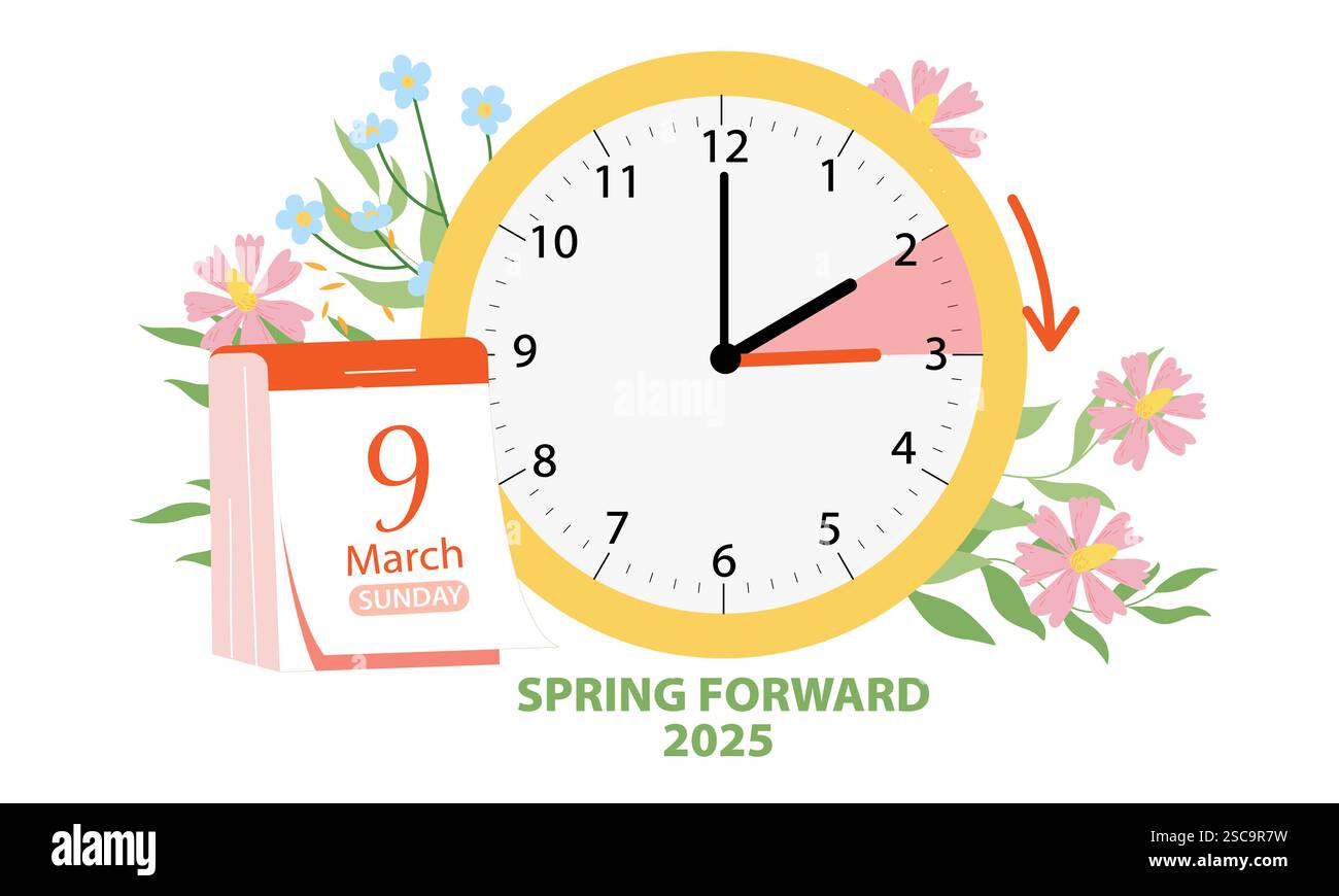 Daylight Saving Time Begins concept. Vector illustration of clock and ...