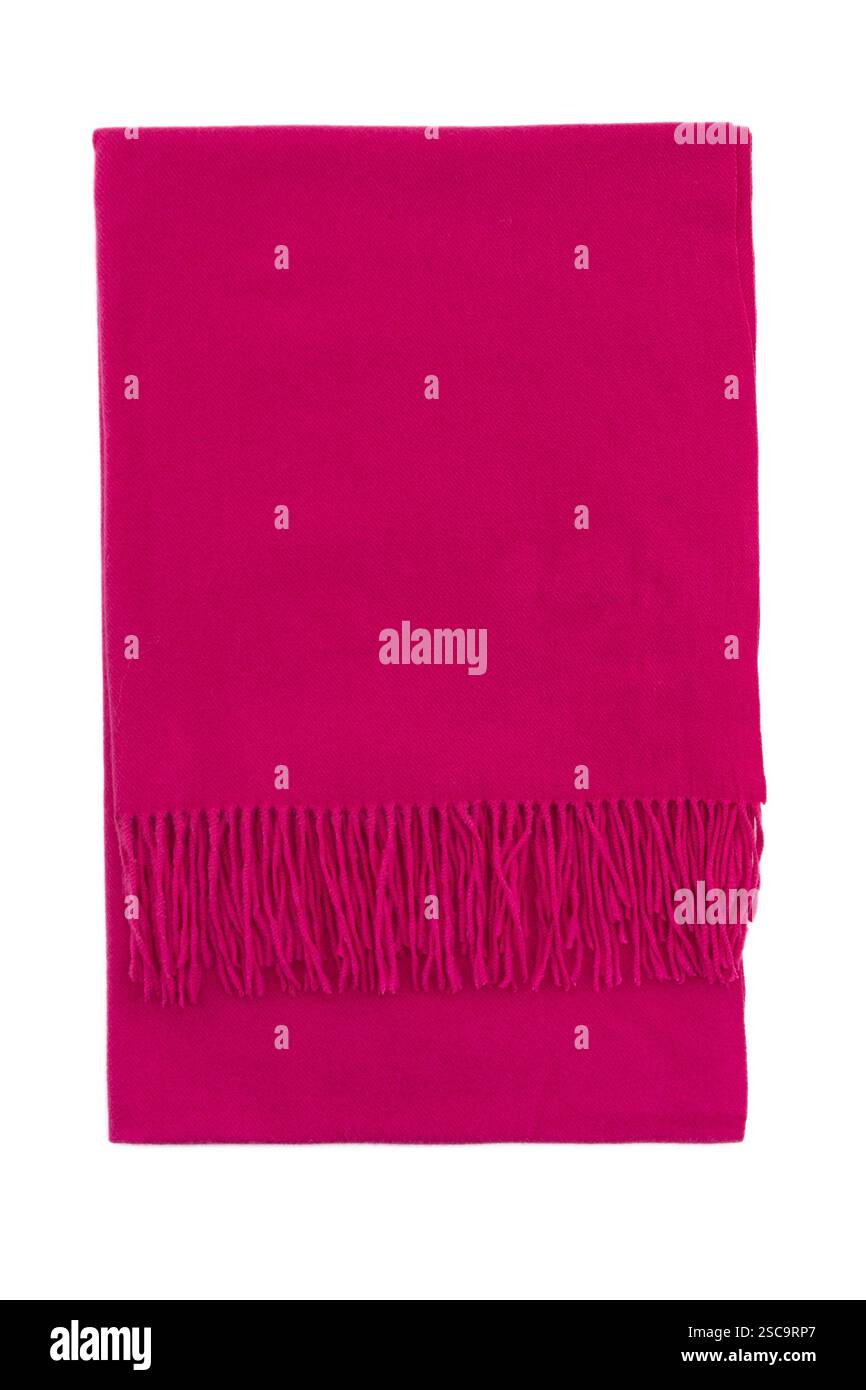 Neatly folded bright pink scarf with fringed edge isolated on white ...