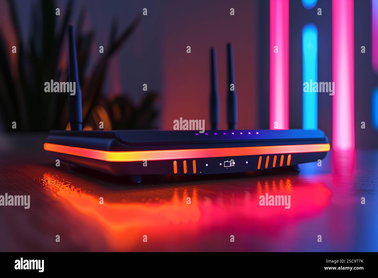 A black 5g next generation router device with antennas stands on a ...