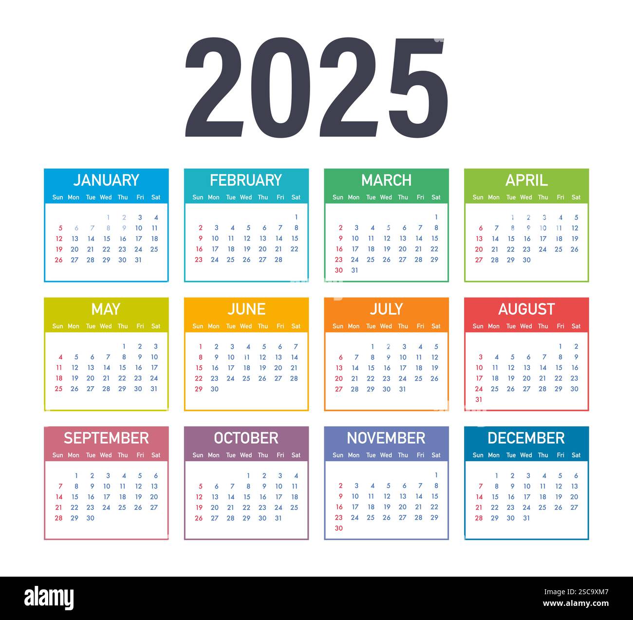 Colorful 2025 calendar showing all twelve months with highlighted ...