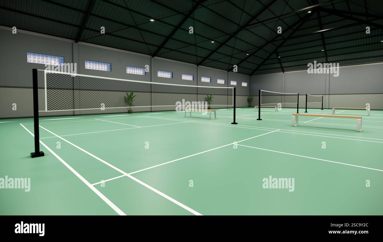 Angled View of a Modern Indoor Badminton Court with Nets and Benches ...