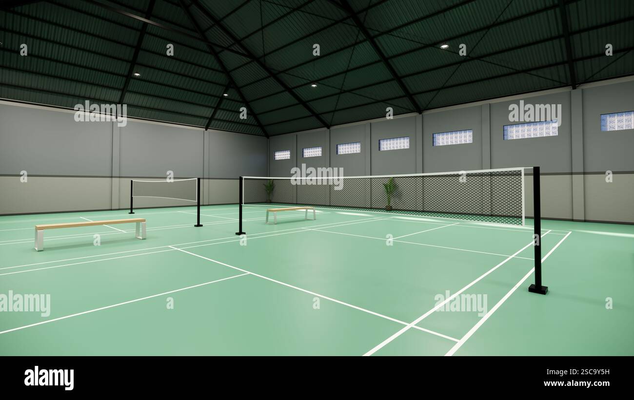 Angled View of a Modern Indoor Badminton Court with Nets and Benches ...