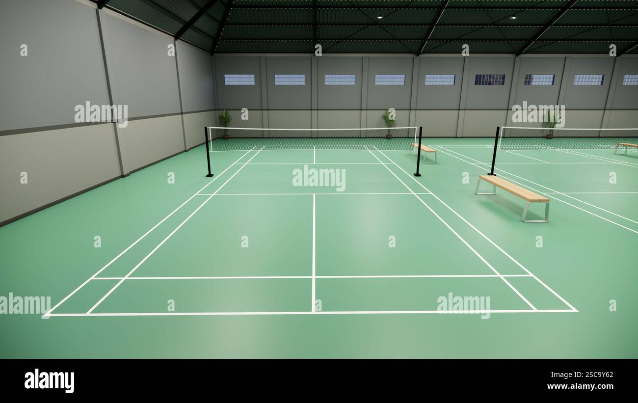 back view of green badminton court and white line used in competition ...