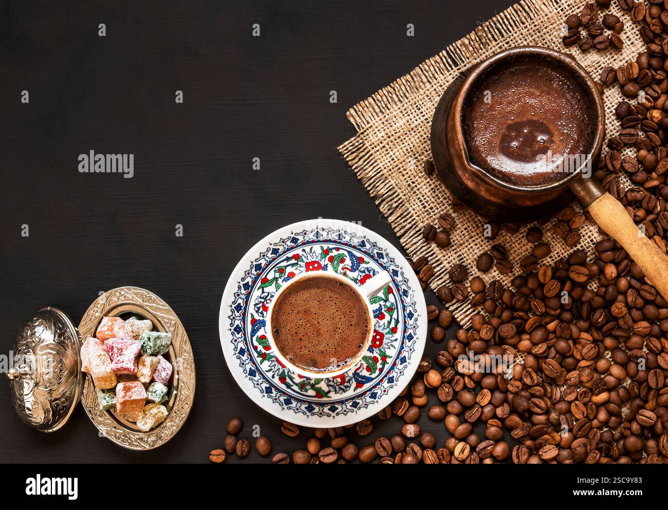 Top view traditional turkish coffee in porcelain cup with copper coffee ...