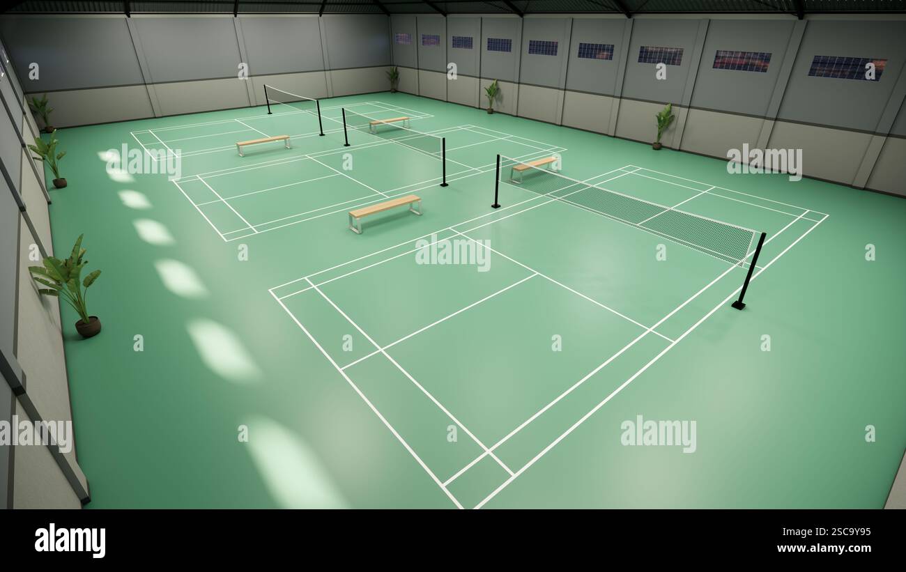 aerial view green badminton court and white line with bench Stock Photo ...