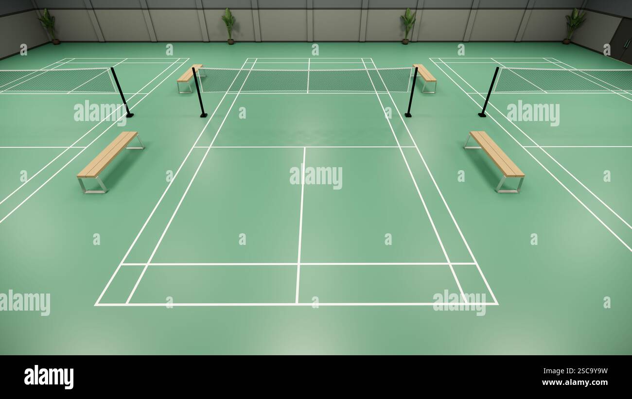 white line on green badminton court with bench inside building Stock ...