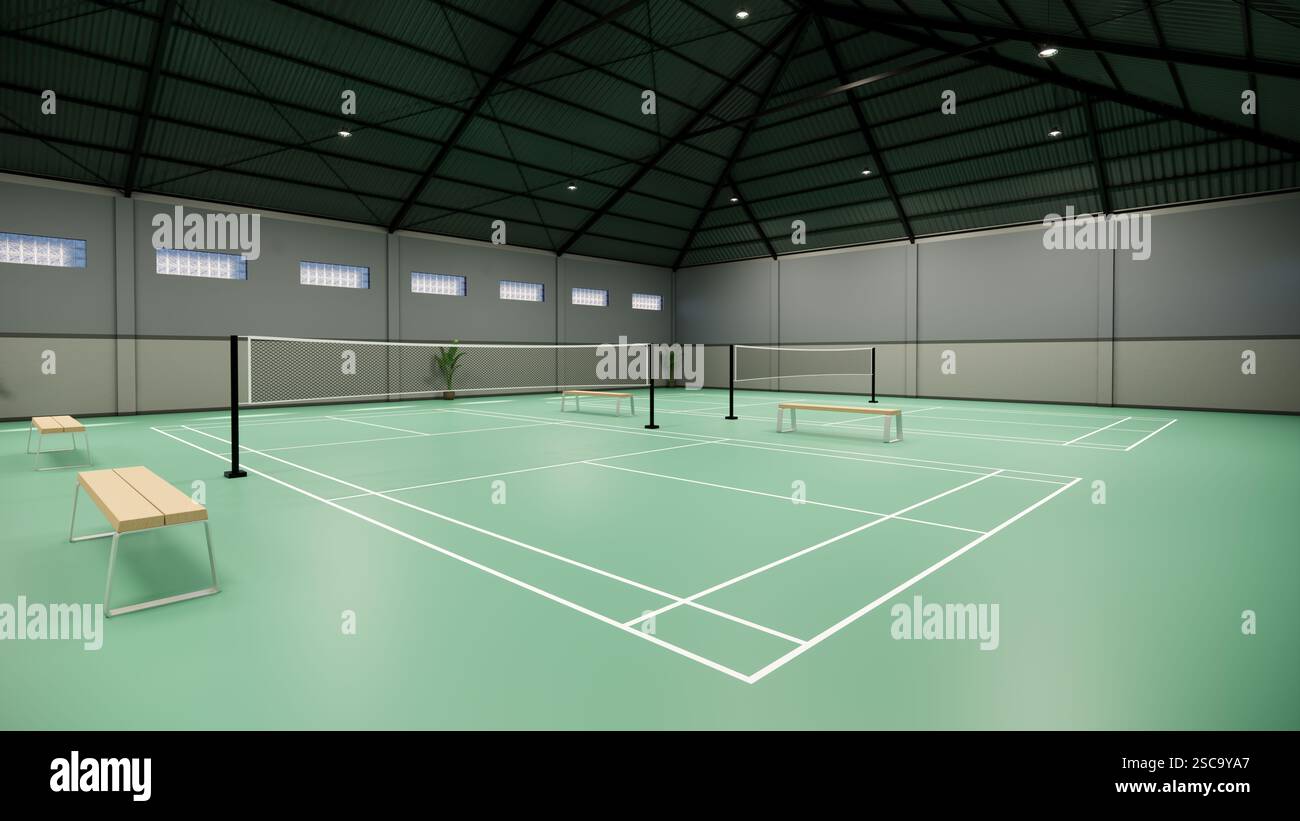 Corner view Indoor Badminton Court with Green Flooring, white line and ...