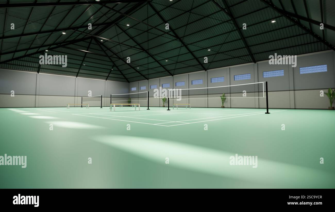Corner view Modern Indoor Badminton Court Facility with Green Flooring ...