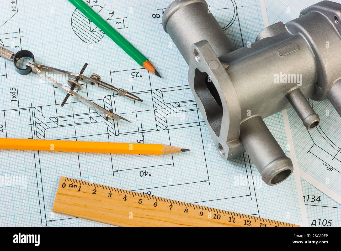 drawings of mechanisms with parts and tools Stock Photo - Alamy