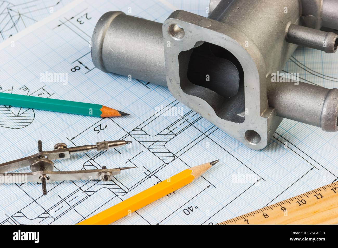drawings of mechanisms with parts and tools Stock Photo - Alamy