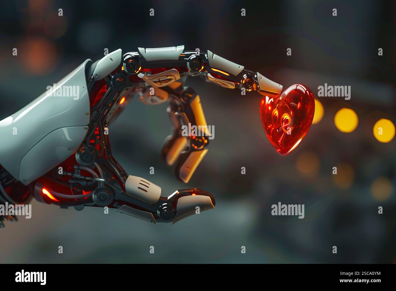 Humanoid robot hand pointing with finger to a shiny red heart, robotic ...