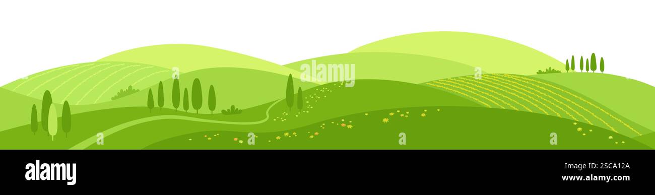 Spring landscape with smooth hills, flowers, trees and curved paths ...