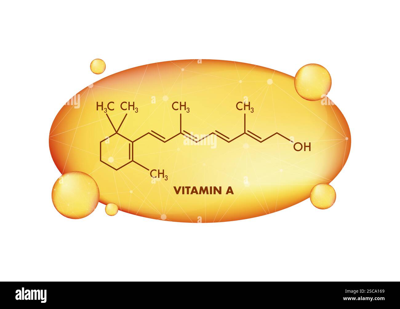 Vitamin A, retinol, structural chemical formula, golden drop shape ...