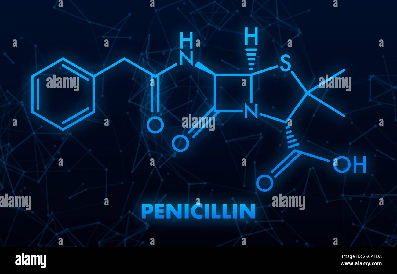 Penicillin molecular structural chemical formula over dark blue ...