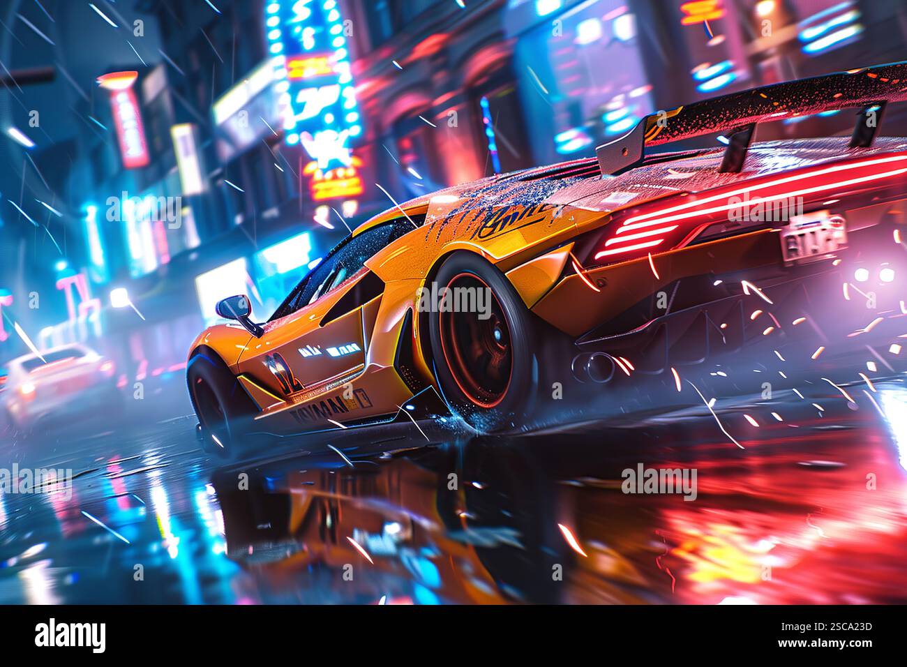 A red sports car is driving down a wet street in the rain in a night ...