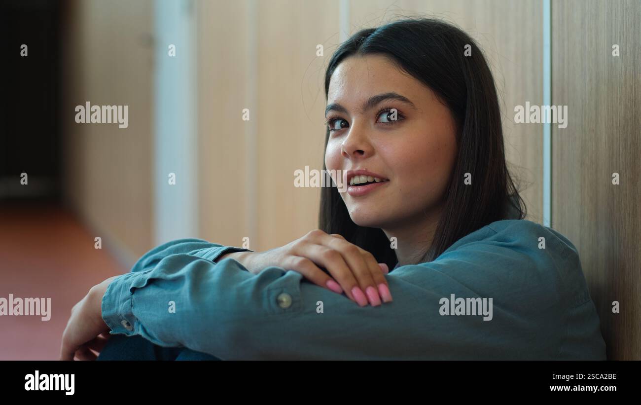 School academy college corridor hallway smiling Caucasian pretty pupil ...