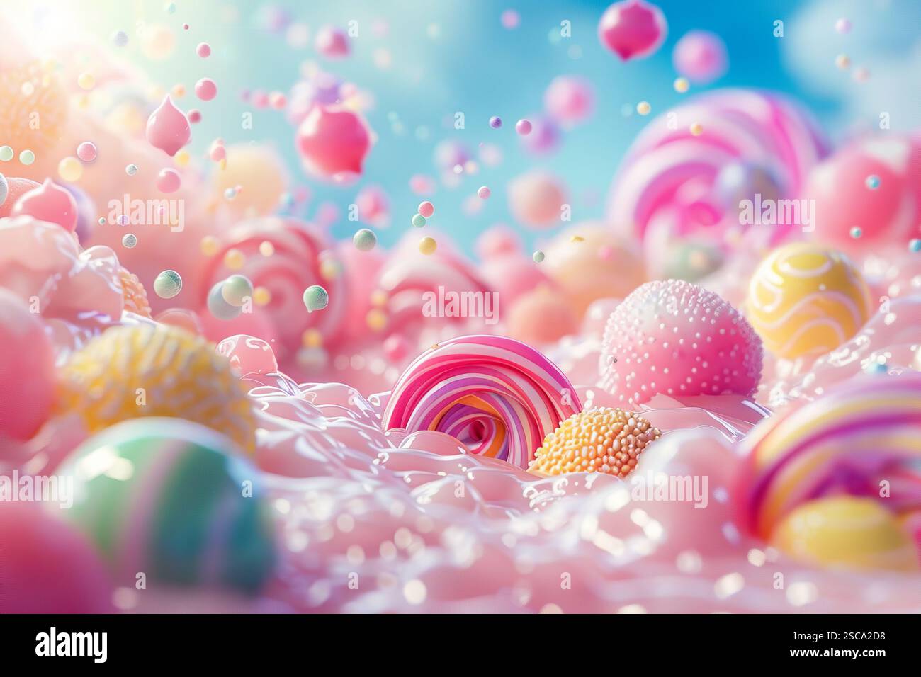 Candy and sprinkles with a pink background with air bubbles. The photo ...