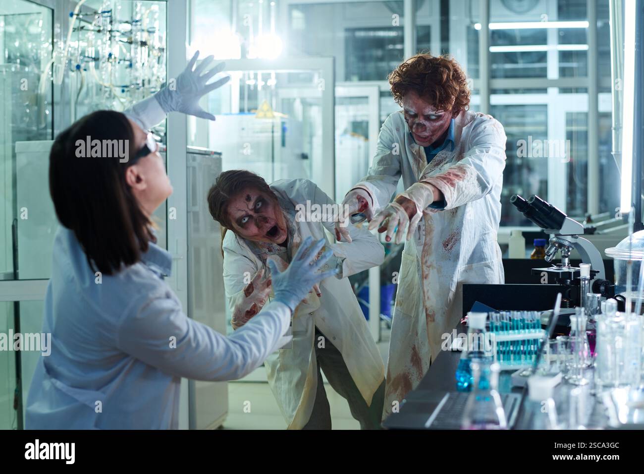 Zombies Scaring Off Young Female Researcher Stock Photo - Alamy