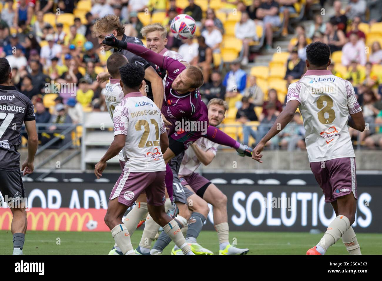Wellington, New Zealand. , . Brisbane goalkeeper Macklin Freke attempts ...