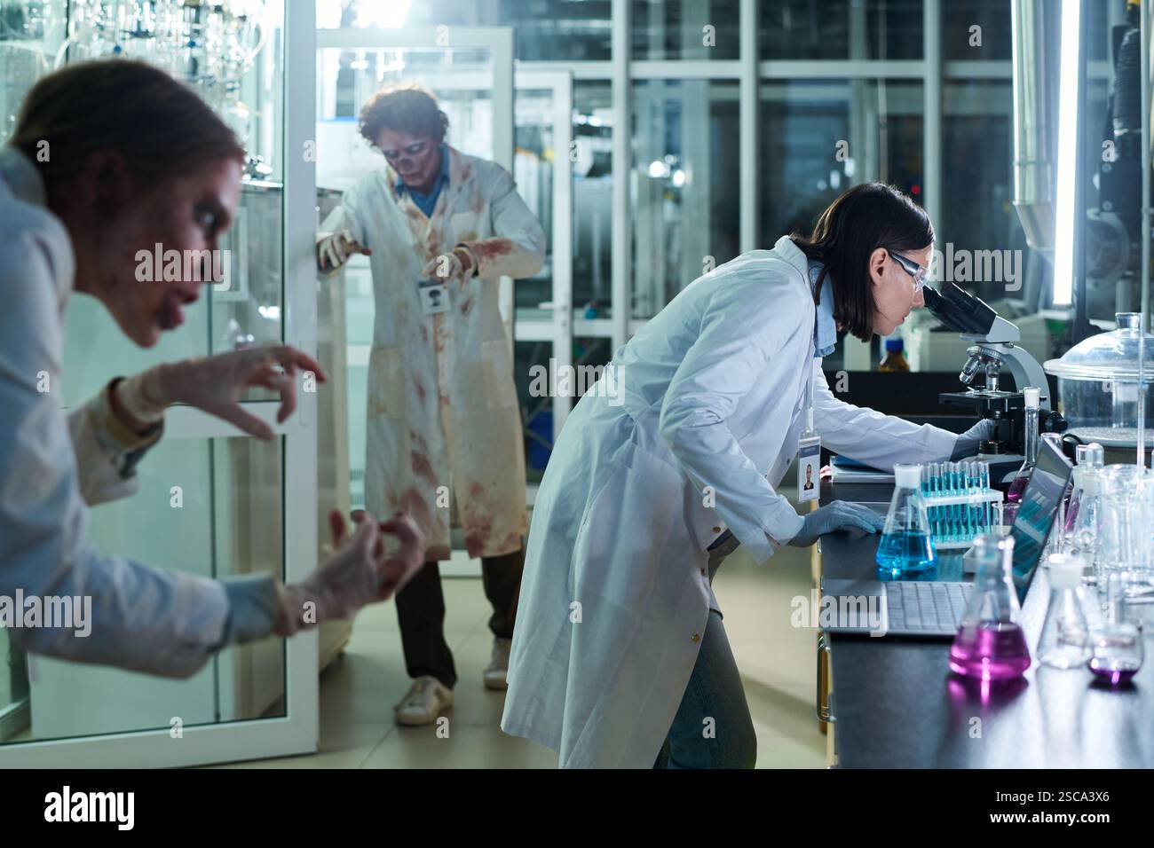 Zombies Sneaking Into Laboratory, while Woman Using Microscope Stock ...
