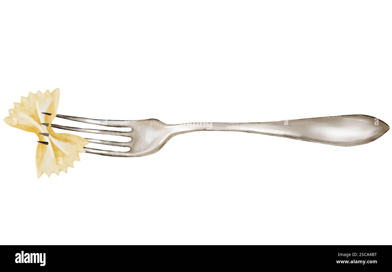 Pasta on a fork watercolor drawing. Hand drawn illustration of a metal ...