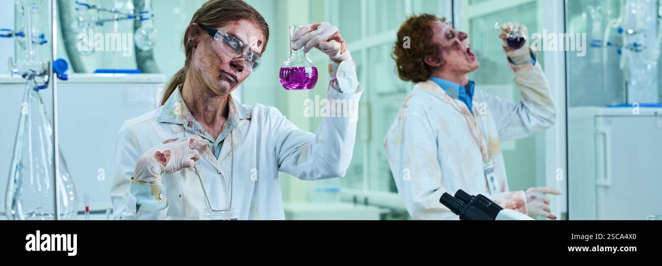 Two Walking Dead Lab Technicians in Bloody Coats Working with Reagents ...