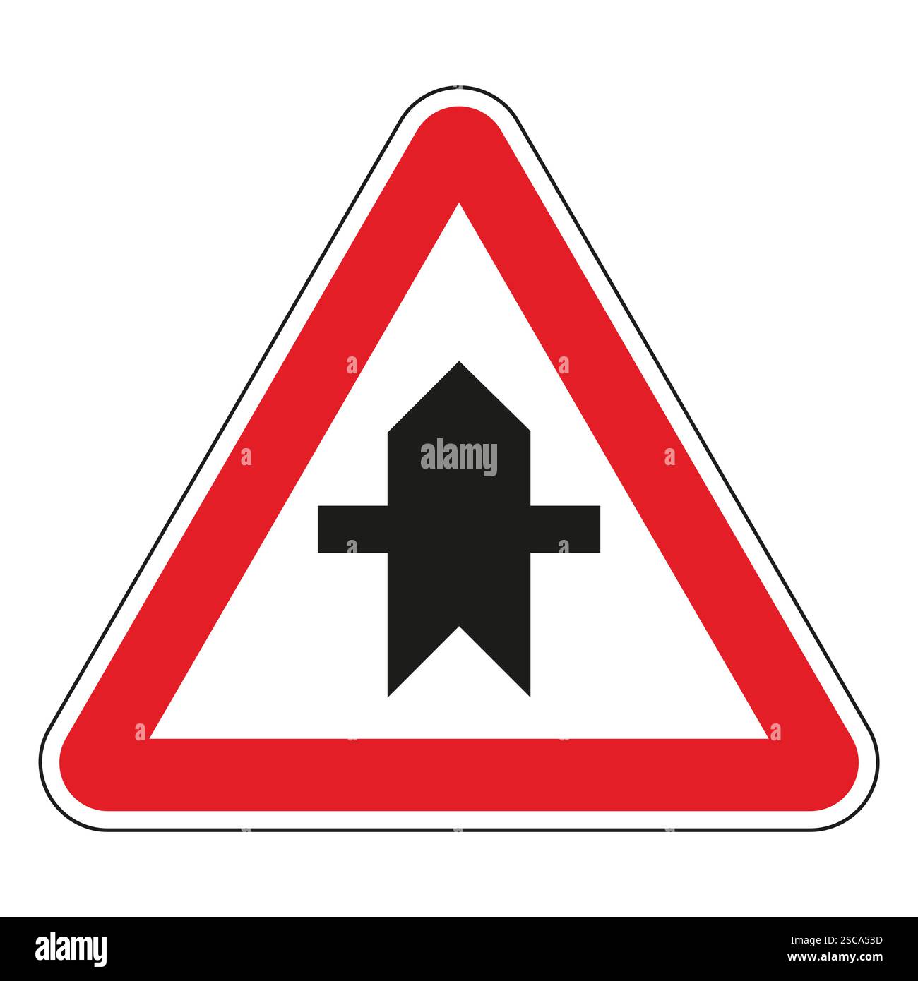 Red and white triangular warning road sign indicating a side road joining from the left Stock ...