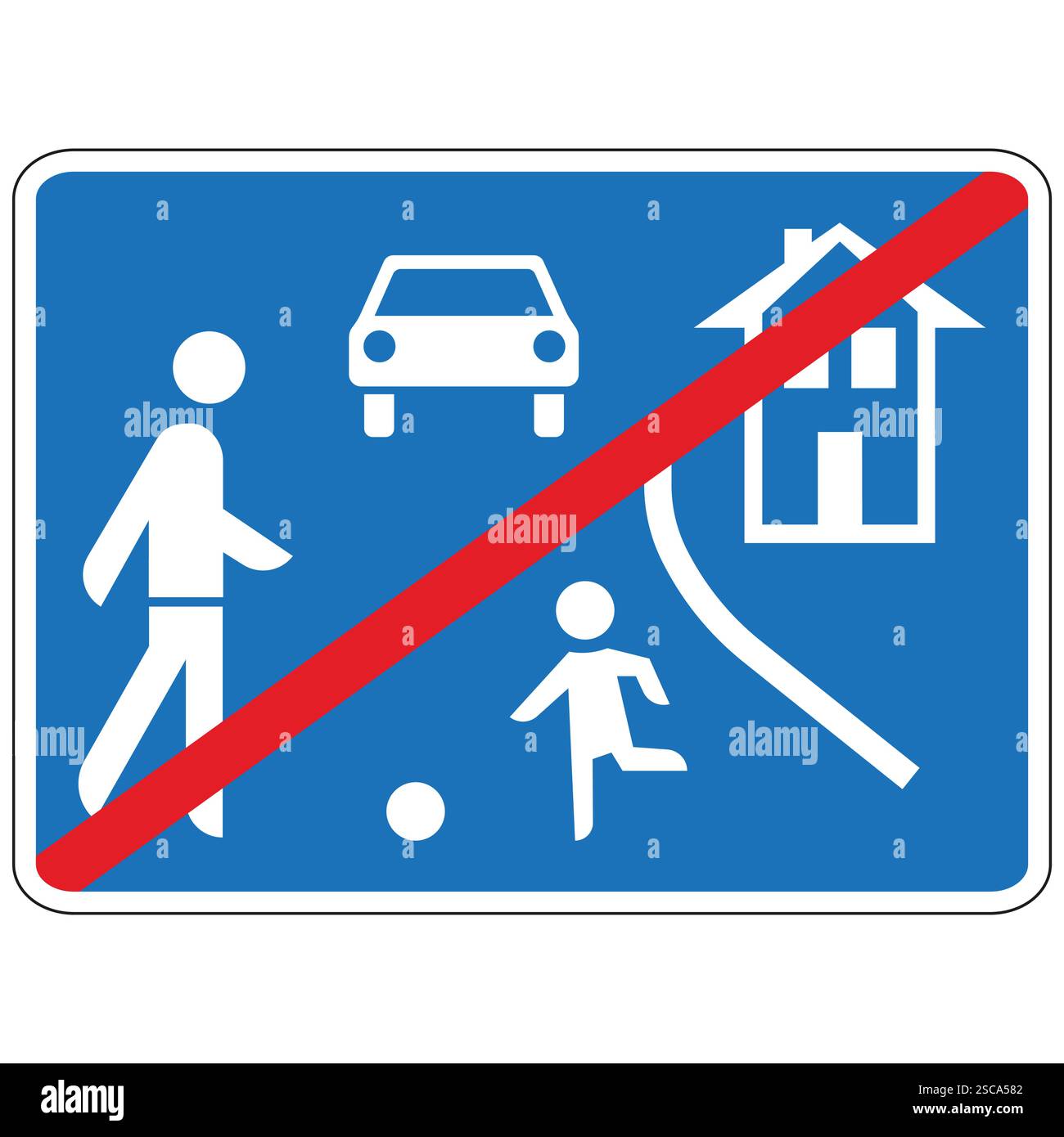 Blue and white road sign signaling the end of a residential area with ...