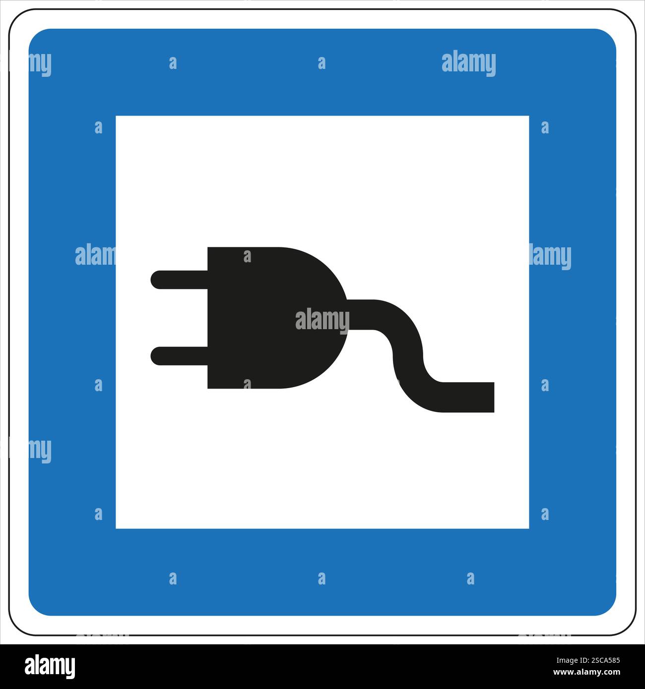 Blue and white road sign indicating electric vehicle charging station ...