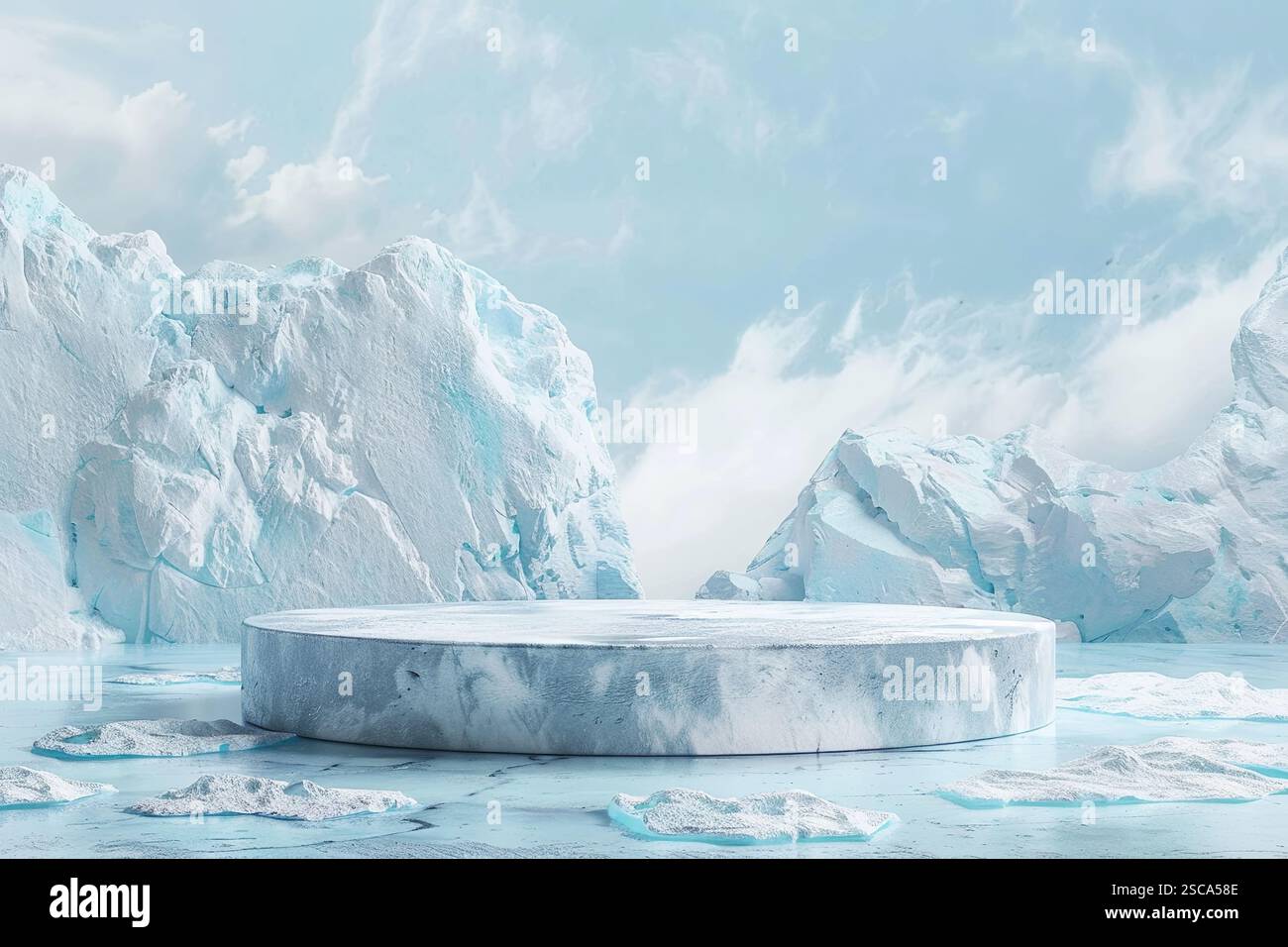A blue ice podium sculpture of a frozen lake. Ice background podium ...